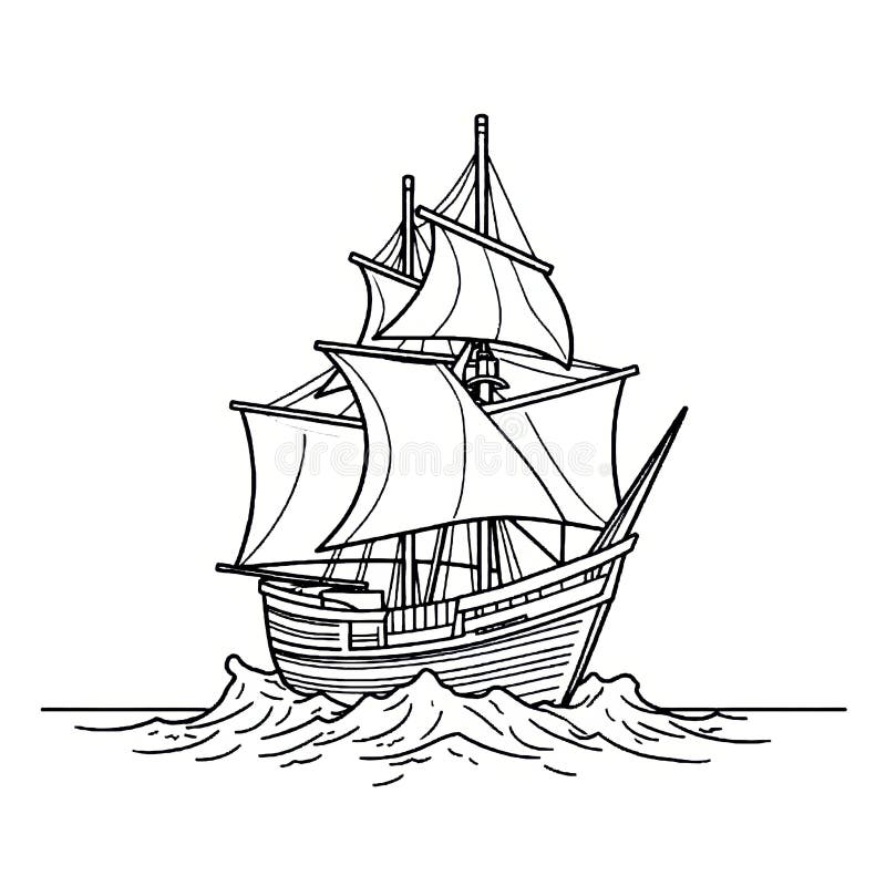 Line Art of a Sailing Ship at Sea Stock Illustration - Illustration of ...