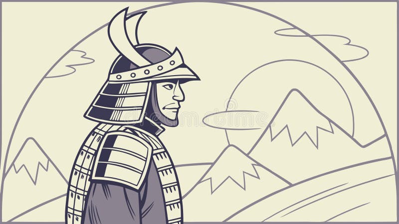 Line Art Samurai Profile with Mountains in Background, Vector Design ...
