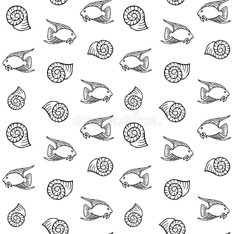 Line Art Seamless Pattern Fish and Shell Doodle for Decorative Design ...