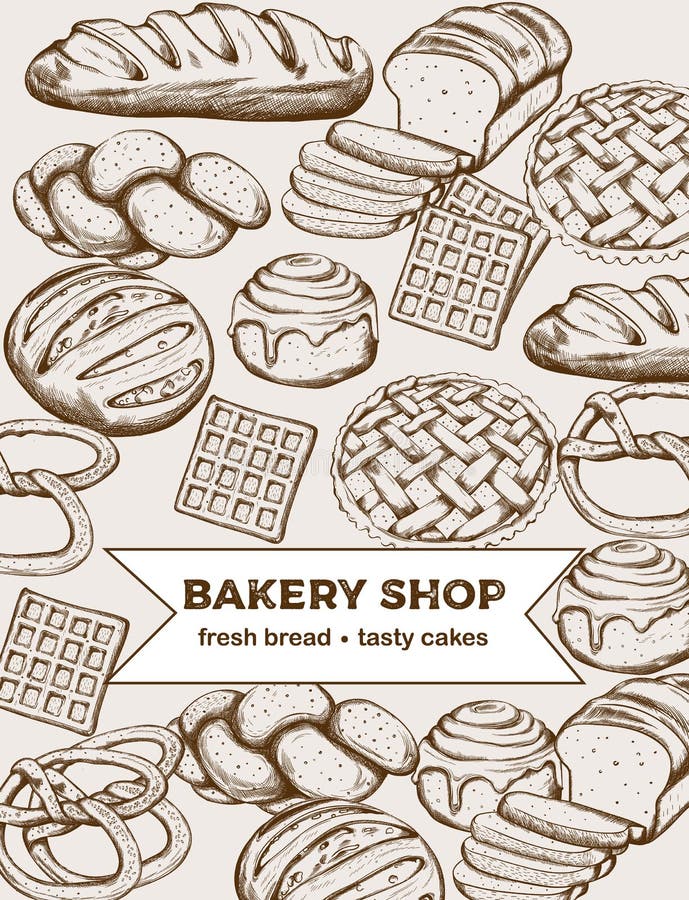 Line Art Set of Bakery Products Including Various Types of Bread and ...