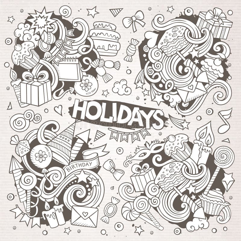 Line Art Set of Holidays Doodle Designs Stock Vector - Illustration of ...