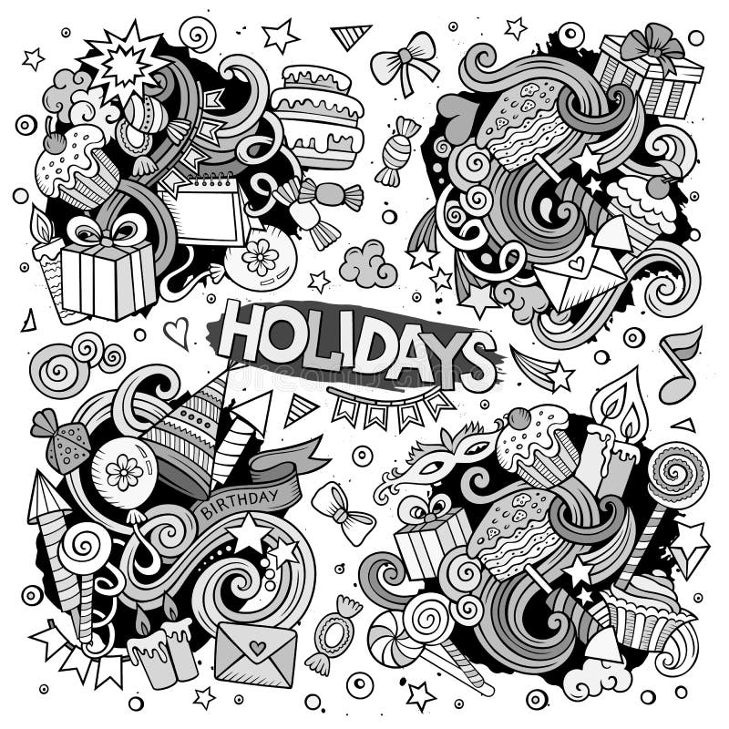 Line Art Set of Holidays Doodle Designs Stock Vector - Illustration of ...