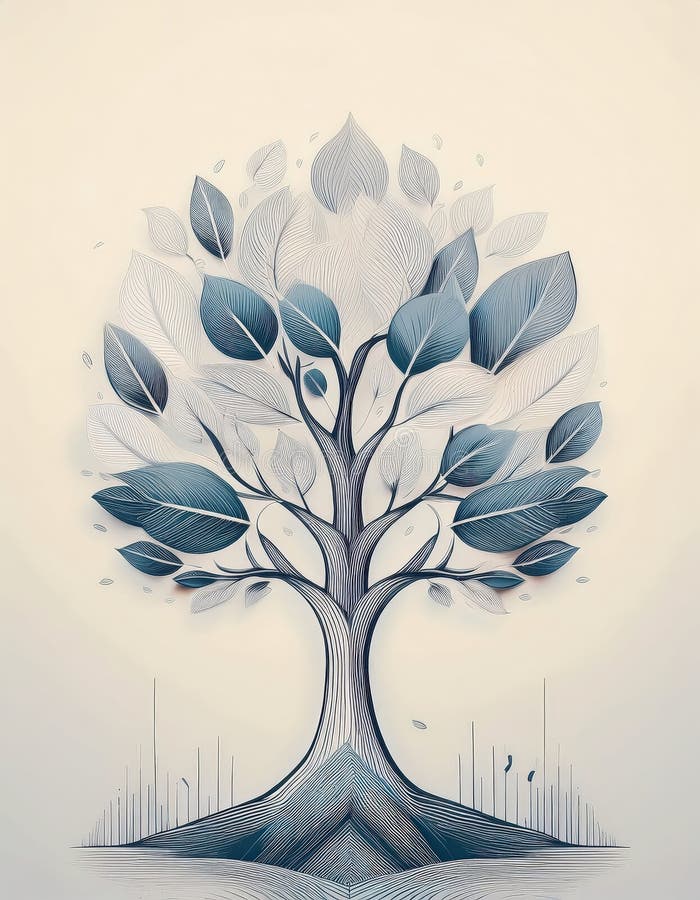 Line Art Tree with a Thick Trunk and Branches of Leaves Stock ...