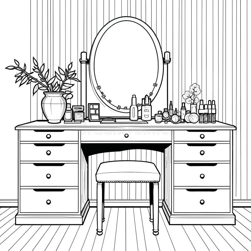 Line Art Vanity Table with Mirror Vector Stock Illustration ...