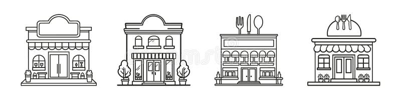Line Art of Various Storefronts Set. Retail and Dining Establishments ...