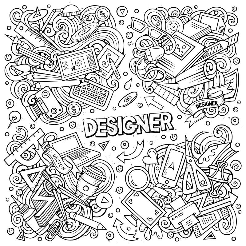 Line Art Vector Doodles Cartoon Set of Designer Combinations of Objects ...