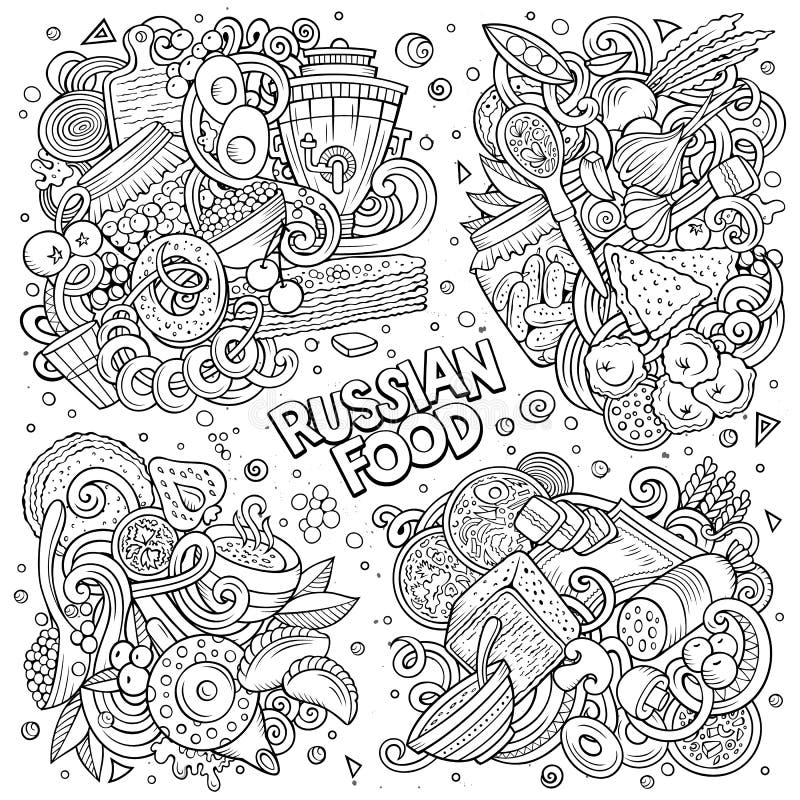 Line Art Vector Hand Drawn Doodles Cartoon Set of Russian Food ...