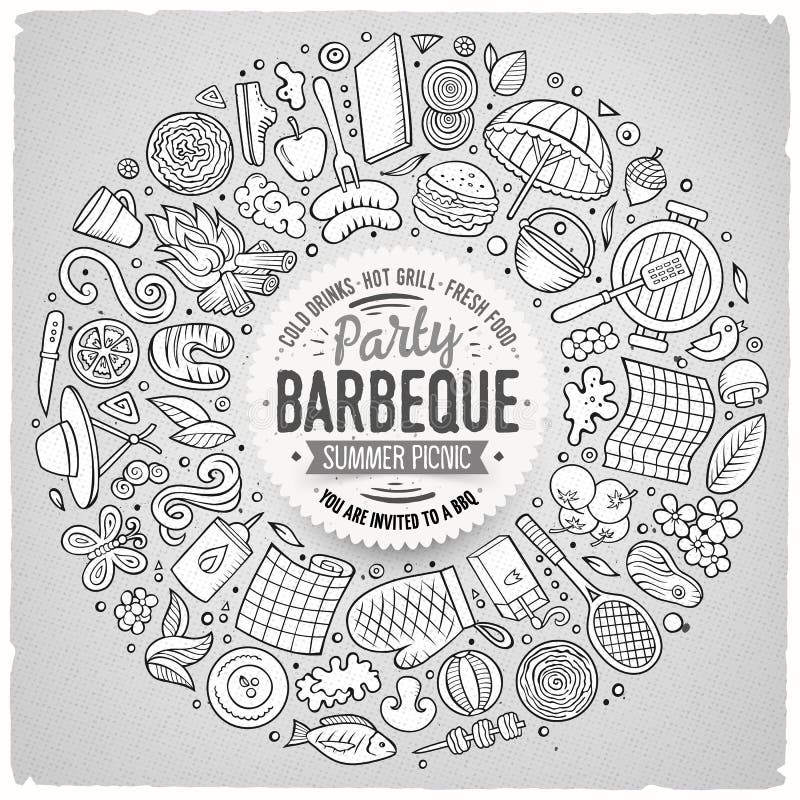 Line Art Vector Hand Drawn Set of Picnic Cartoon Doodle Objects Stock ...