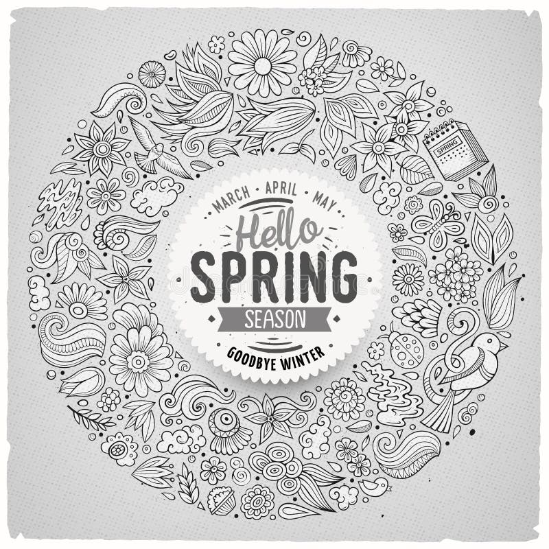 Line Art Vector Hand Drawn Set of Spring Cartoon Doodle Objects Stock ...