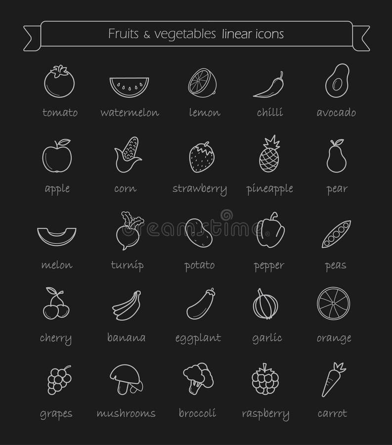 Line Art Vegetables Icons Set. Chalk Stock Vector - Illustration of ...