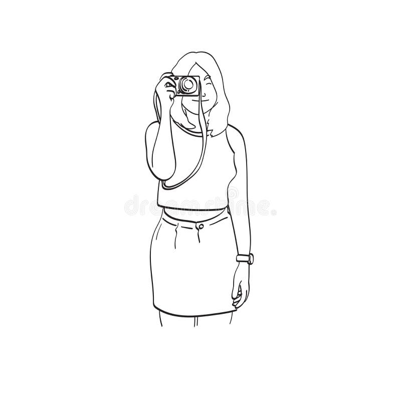 Line Art Woman Shooting Compact Camera Illustration Vector Hand Drawn ...