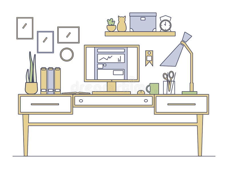 Line Art Workplace in Flat Style. Stock Vector - Illustration of ...