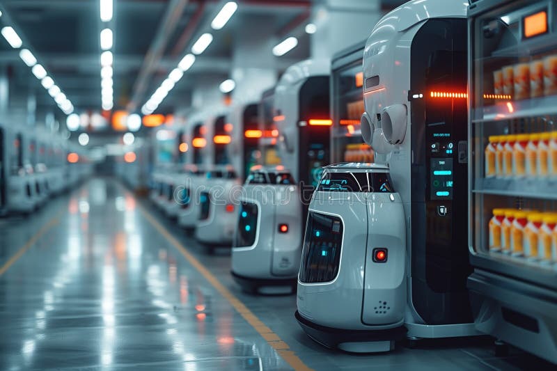 A Line of Autonomous Delivery Robots in a Modern Warehouse Stock Image ... A Line of Autonomous Delivery Robots in a Modern Warehouse Stock Image ...