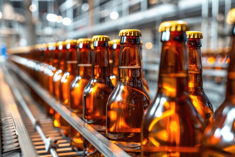 A Line of Beer Bottles Moving Along a Conveyor Belt, Ready for ...