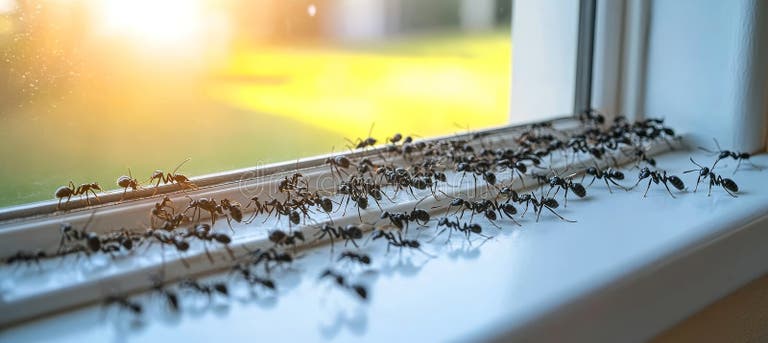 Line of Black Ants Crawling on a Sunny Windowsill, Illustrating a Home ...