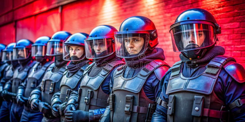 The Line of Blue Riot Gear, Red Wall, Front View, Uniform, Police, Riot ...