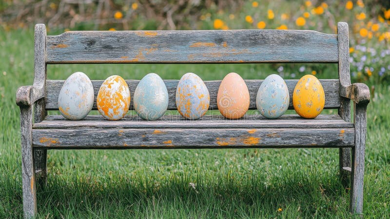 A Line of Brightly Colored Easter Eggs Rests on a Weathered Wooden ...