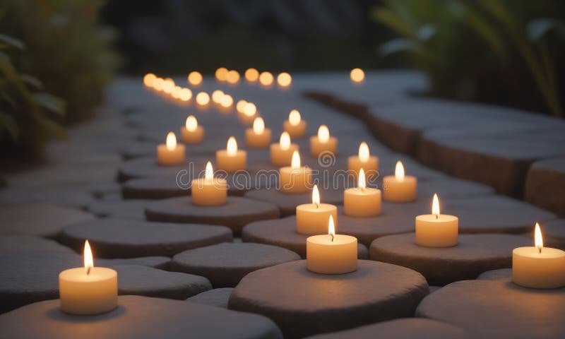 A Line of Candles Illuminates a Stone Path in the Evening Stock Image ...
