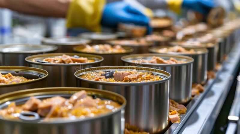 A Line of Cans of Tuna Being Filled with Tuna and Sealed at a Canning ...