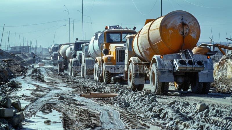 A Line of Cement Mixers Form a Makeshift Assembly Line Providing a ...
