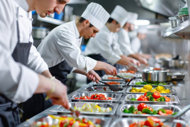A Line of Chefs Prepares Food in a Commercial Kitchen during a Food ...