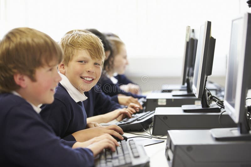 Line of Children in School Computer Class Stock Image - Image of ...