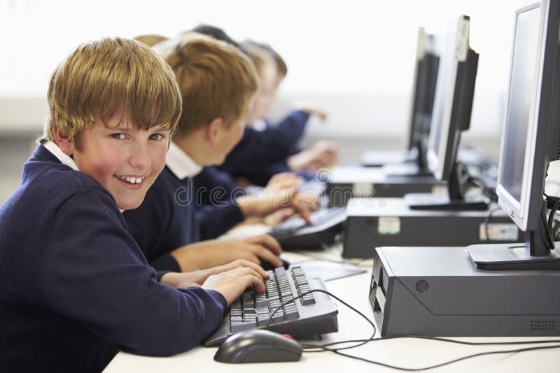 Line of Children in School Computer Class Stock Image - Image of ...