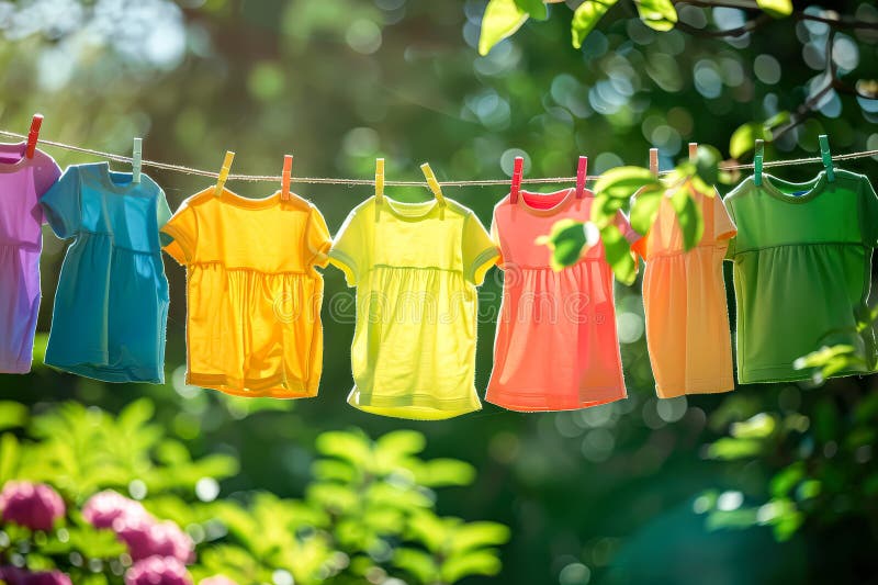 Line of Clothes Hanging on a Clothesline in a Garden Stock Photo ...