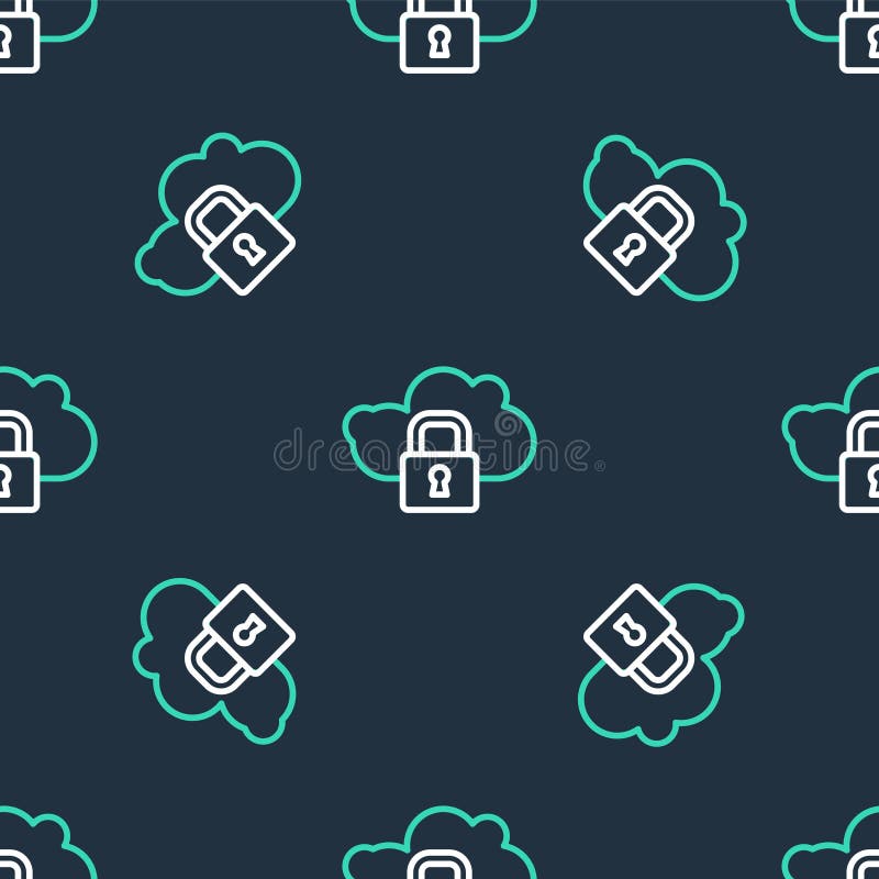 Line Cloud Computing Lock Icon Isolated Seamless Pattern on Black Background. Security, Safety ...