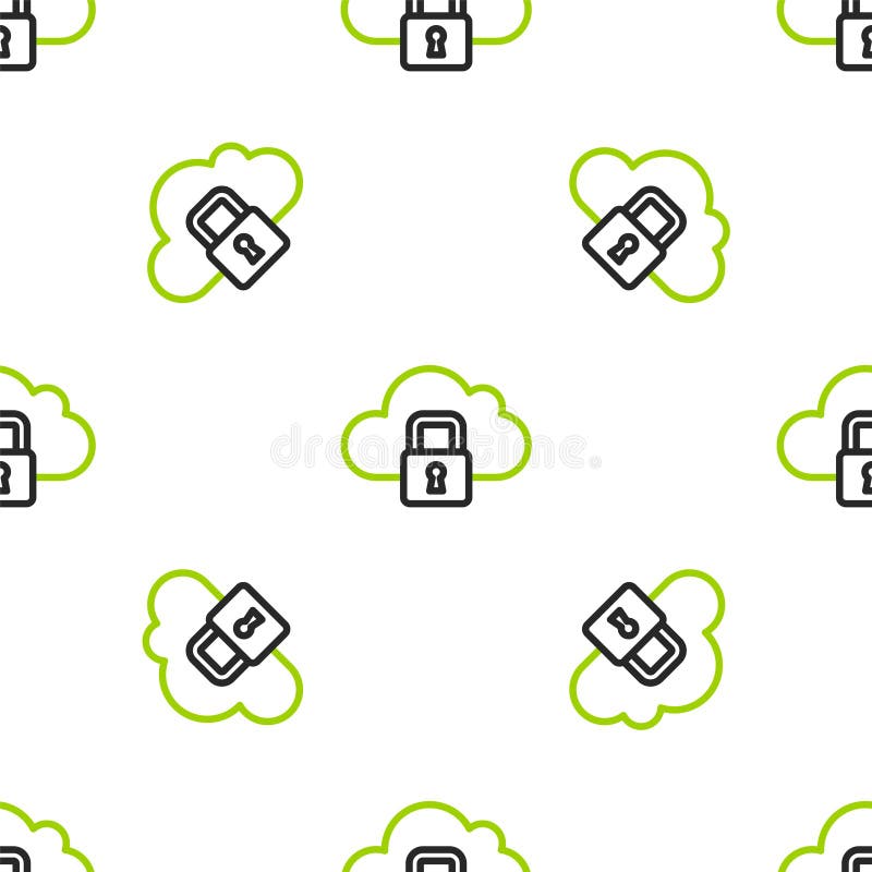 Line Cloud Computing Lock Icon Isolated Seamless Pattern on White Background. Security, Safety ...