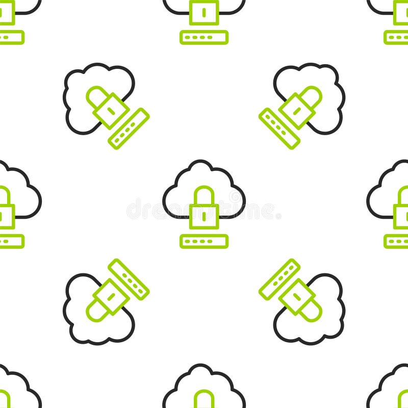 Line Cloud Computing Lock Icon Isolated Seamless Pattern on White Background. Security, Safety ...
