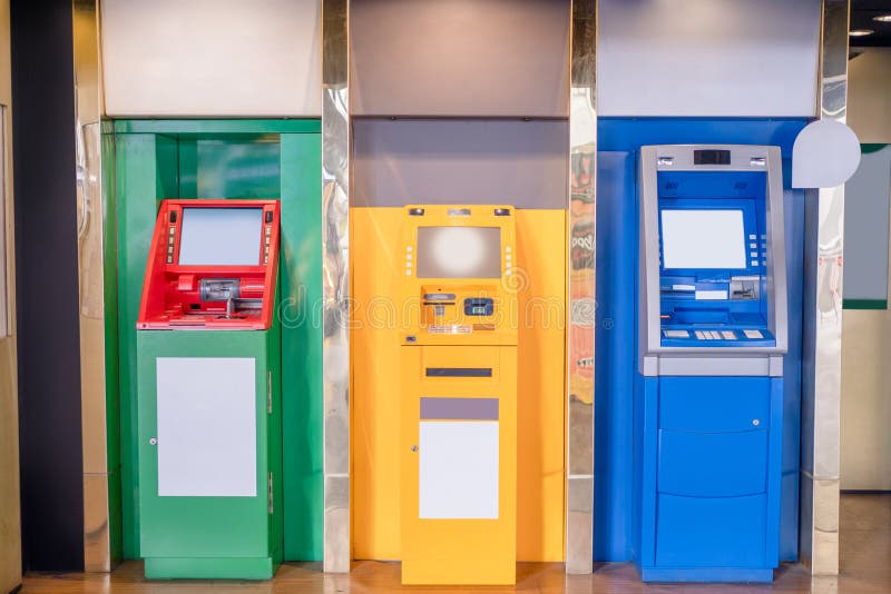 Line of Colorful ATM in the Lobby. Background Image Stock Image - Image ...