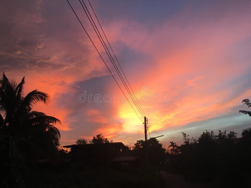 Line and colorful sky. stock photo. Image of tree, cloud - 125811704