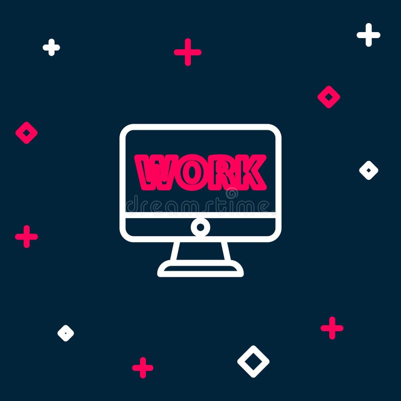 Line Computer Monitor with Text Work Icon Isolated on Blue Background ...