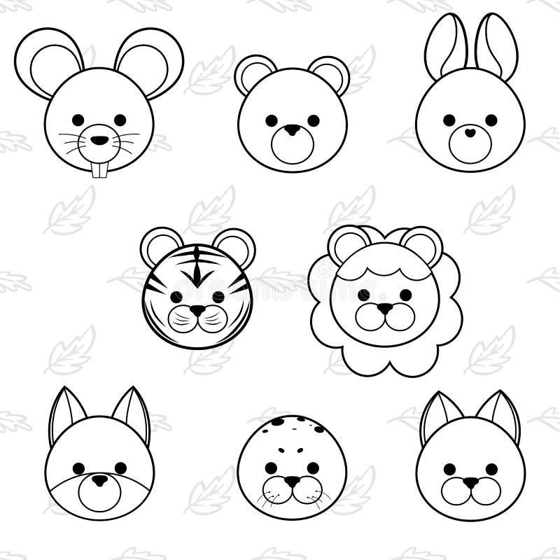 Line Cute Cartoon Animals Face Icon Set, Vector Illustration Stock ...