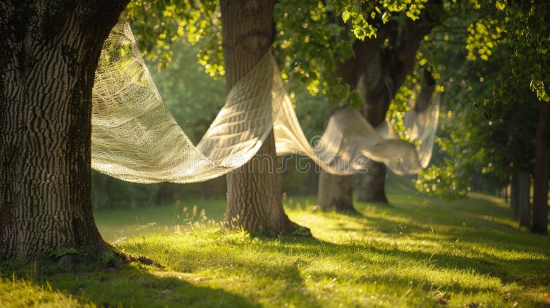 A Line of Decorative Netting Hung between Two Trees Swaying in the Warm ...