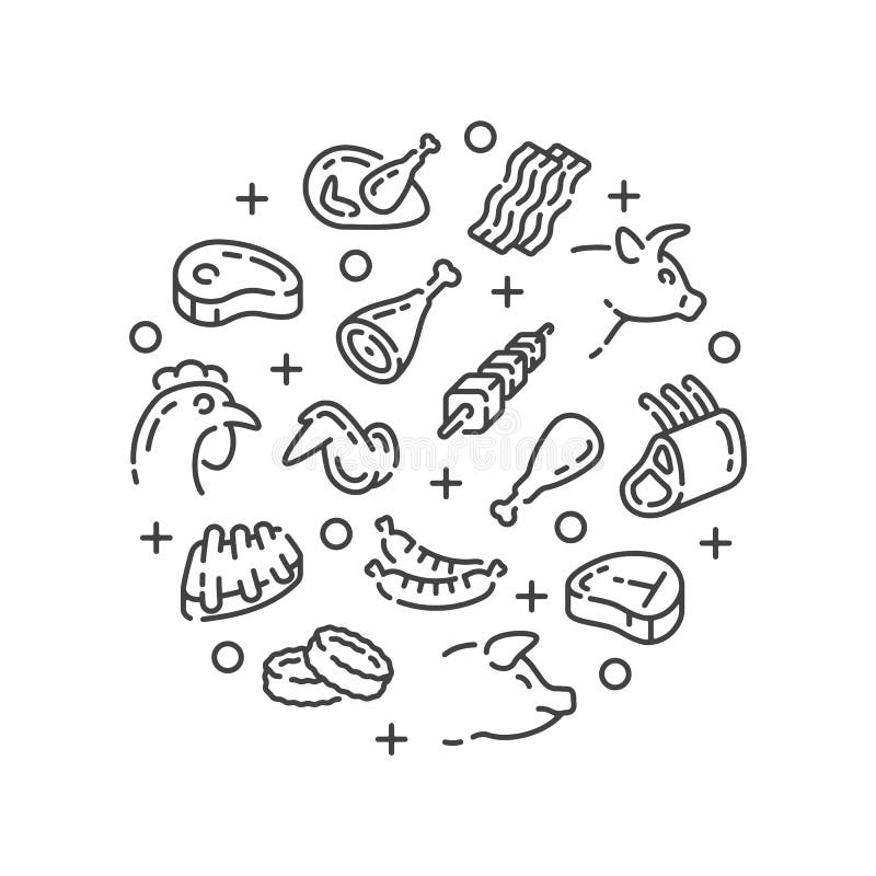 Line Design with Different Meat Products Elements. Vector Illustration ...