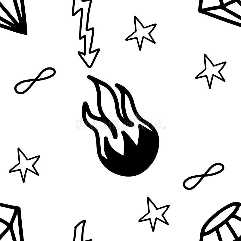 Line Doodle Black Magic Seamless Pattern with Fire and Magic Flash ...