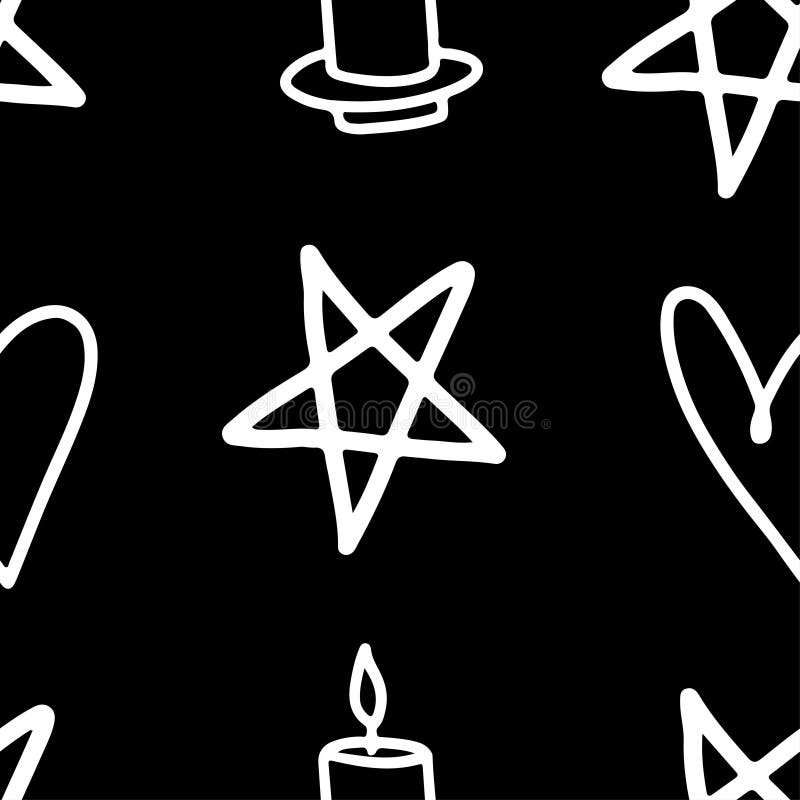 Line Doodle Black Magic Seamless Pattern with Pentagram Star Isolated ...