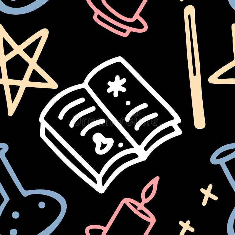 Line Doodle Pastel Magic Seamless Pattern with Magic Spell Book ...