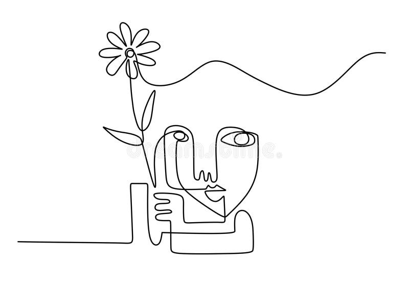 Line Drawing Of An Abstract Face With Flowers In Hair Minimalist