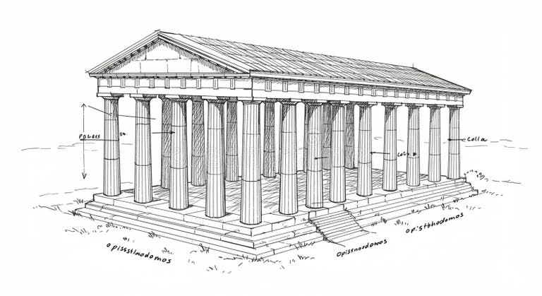 Line Drawing of an Ancient Greek Temple with a Rectangular Layout ...
