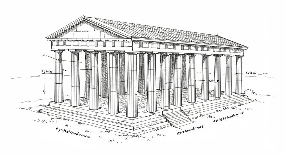 Line Drawing of an Ancient Greek Temple with a Rectangular Layout. Features Include a Stock ...
