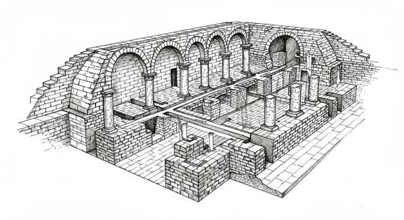 Line Drawing of an Ancient Roman Bathhouse Structure, Featuring Brick ...