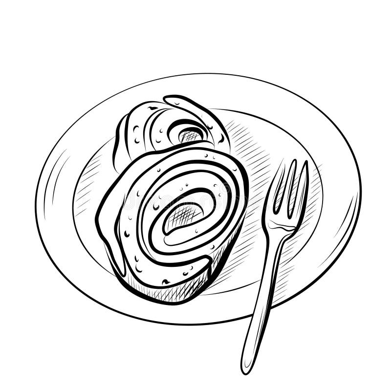 Line Drawing. Line Art Sweet Roll on a Plate with a Fork Stock Vector ...