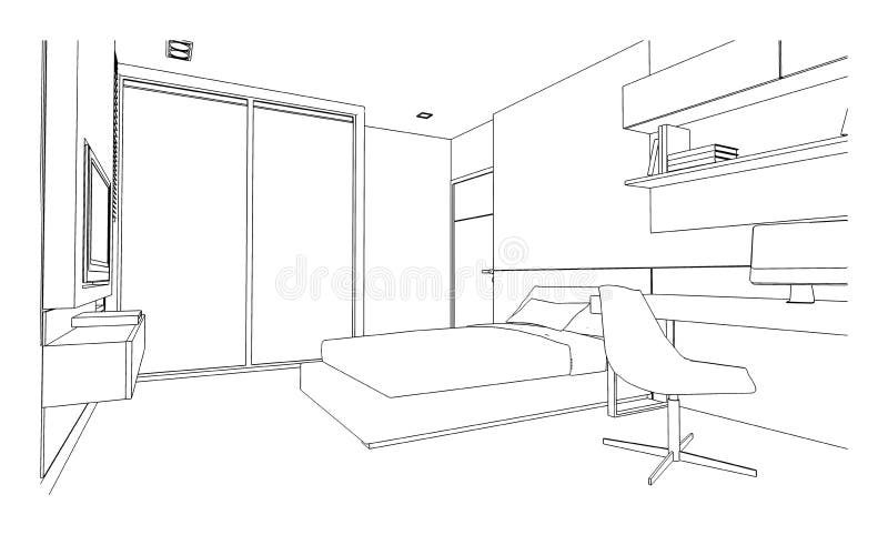 Line Drawing of Bedroom,Modern Design Stock Illustration - Illustration ...
