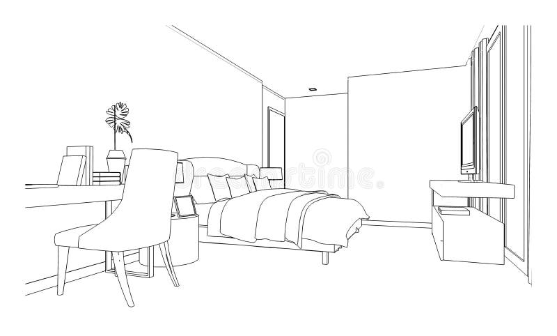 Line Drawing of Bedroom,Modern Design Stock Illustration - Illustration ...