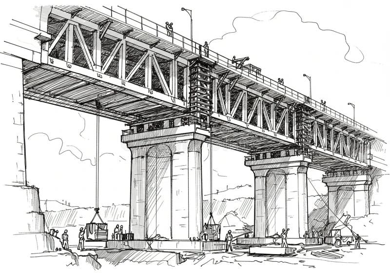 Line Drawing of a Bridge Under Construction, Showing Detailed ...