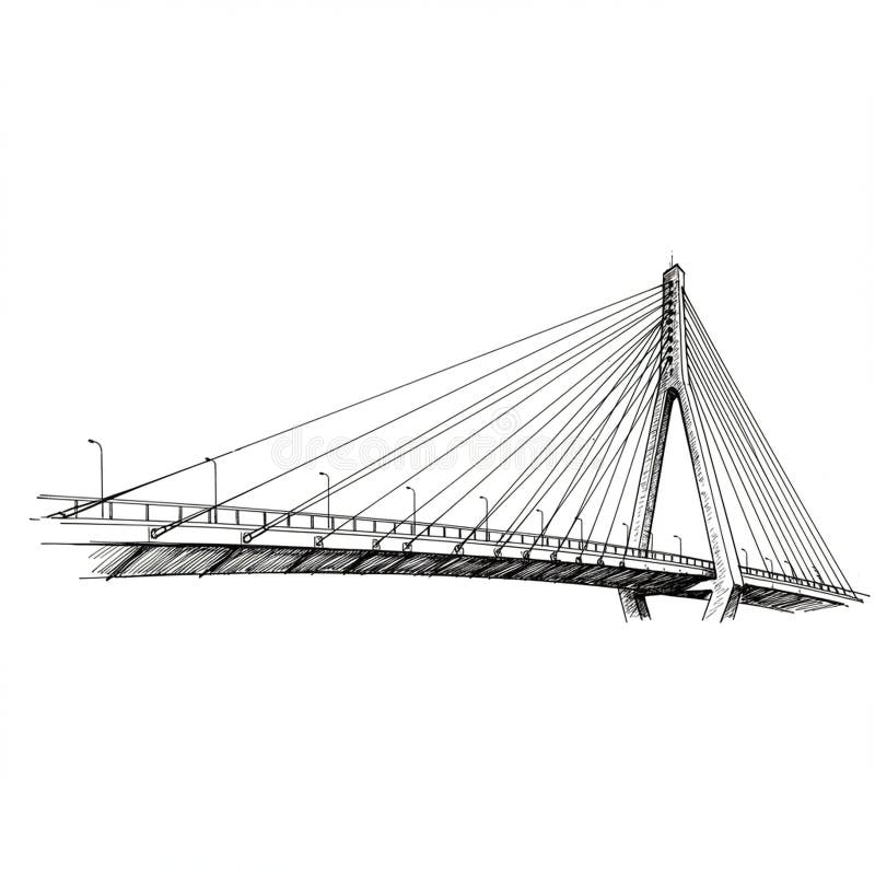 Line Drawing of a Cable-stayed Bridge with an Elegant Arching Road Deck ...