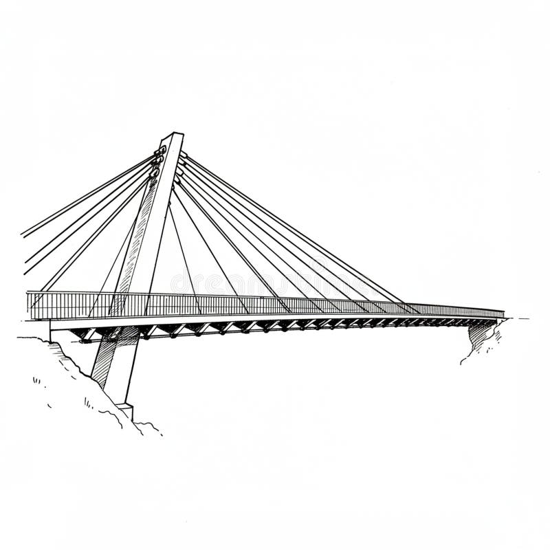 Line Drawing of a Cable-stayed Bridge with a Single, Angled Pylon ...